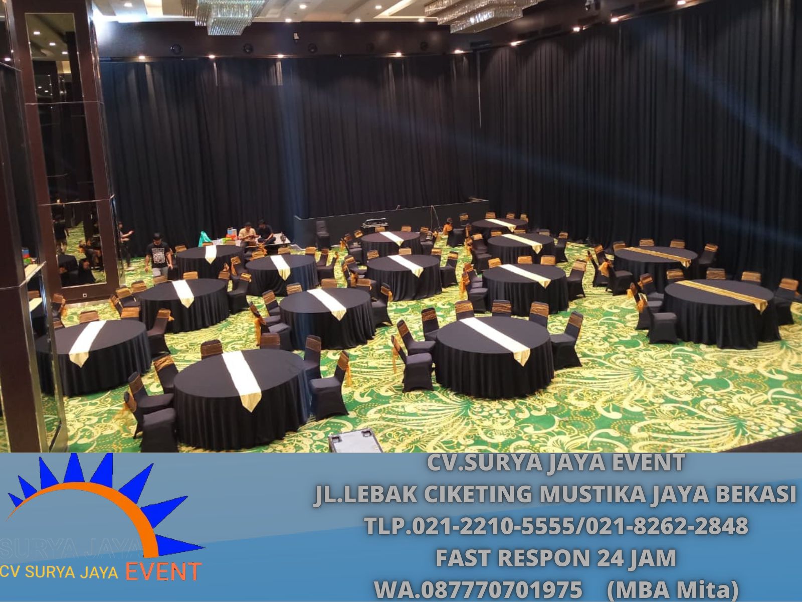 Rental Meja Bulat Tebar Hitam Runner Gold Event Plaza BPjamsostek ...