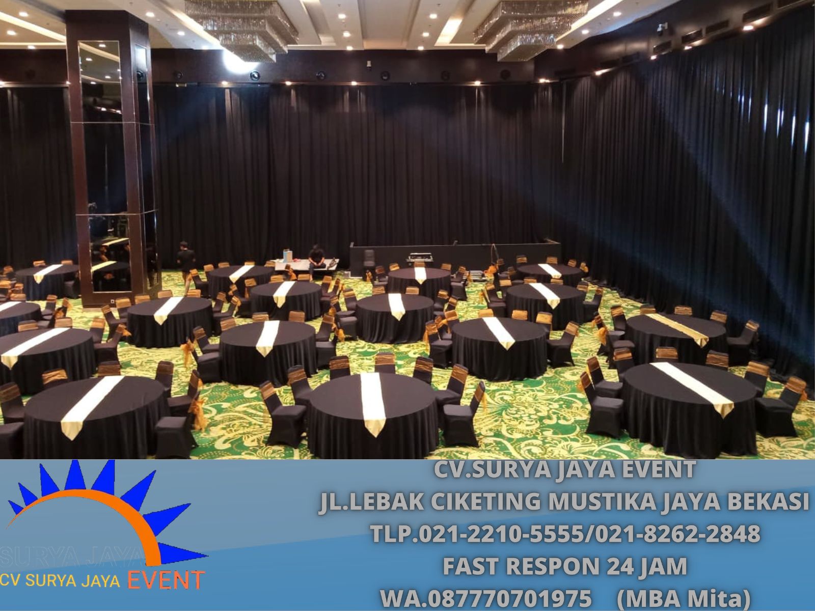 Rental Meja Bulat Tebar Hitam Runner Gold Event Plaza BPjamsostek ...